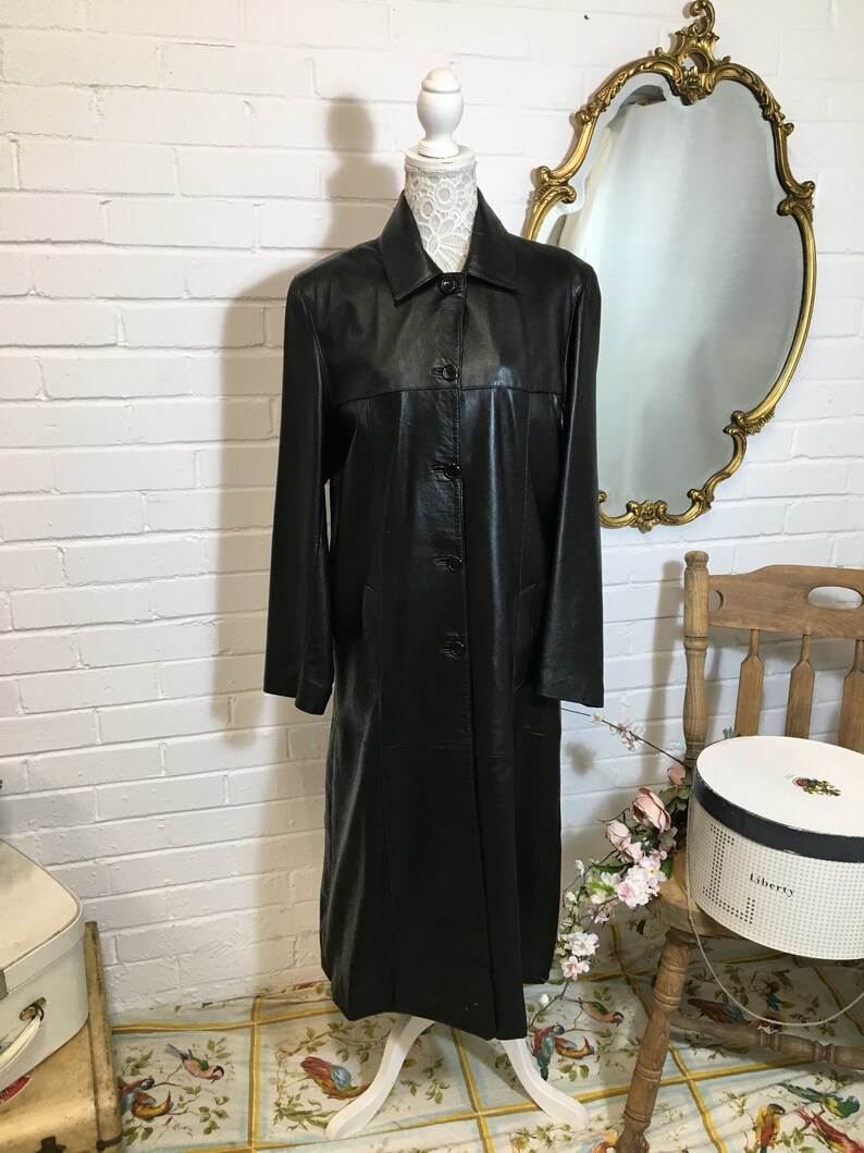 1990s Full Length Black Leather Coat - Etsy