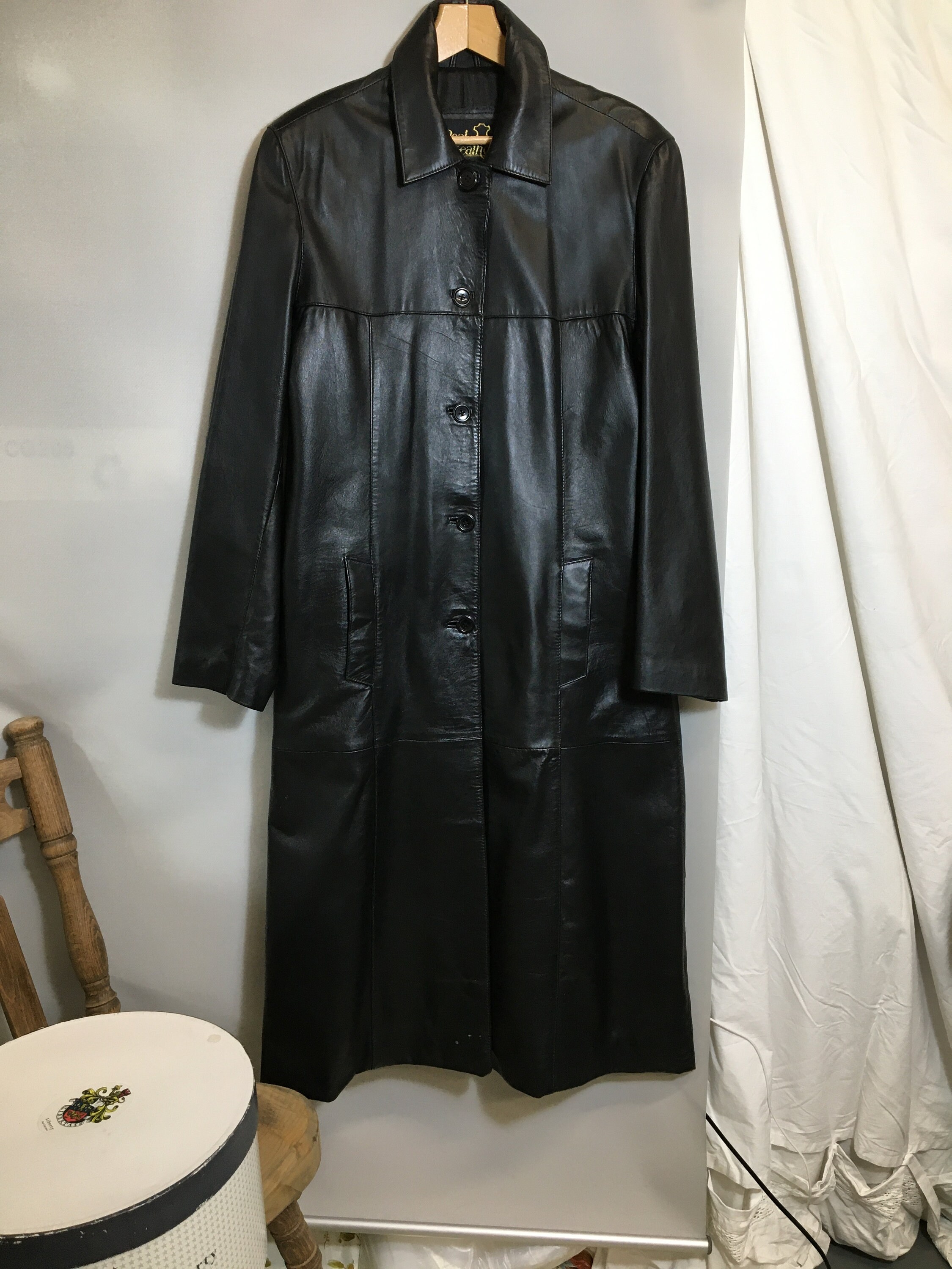 1990s Full Length Black Leather Coat - Etsy