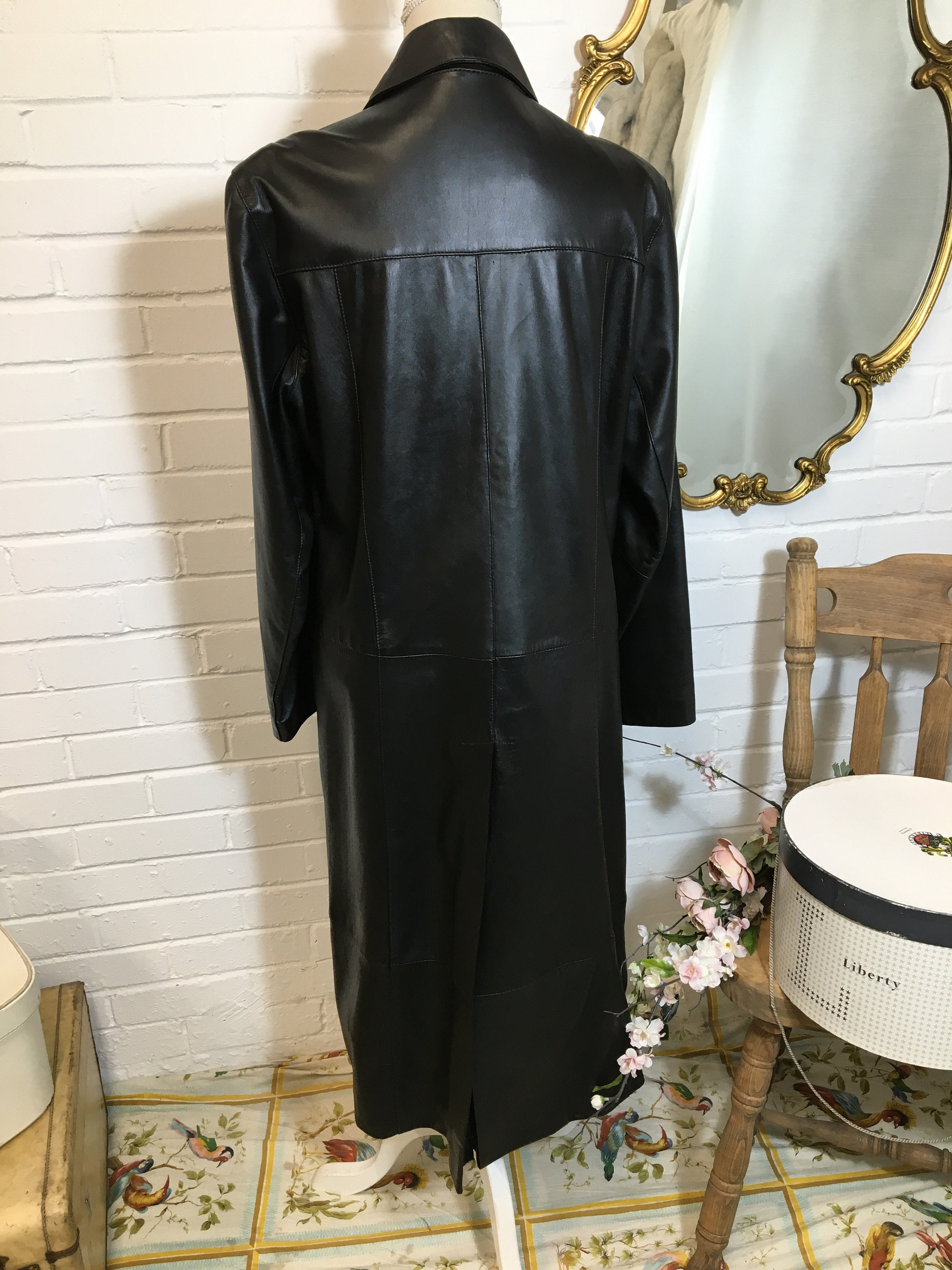 1990s Full Length Black Leather Coat - Etsy