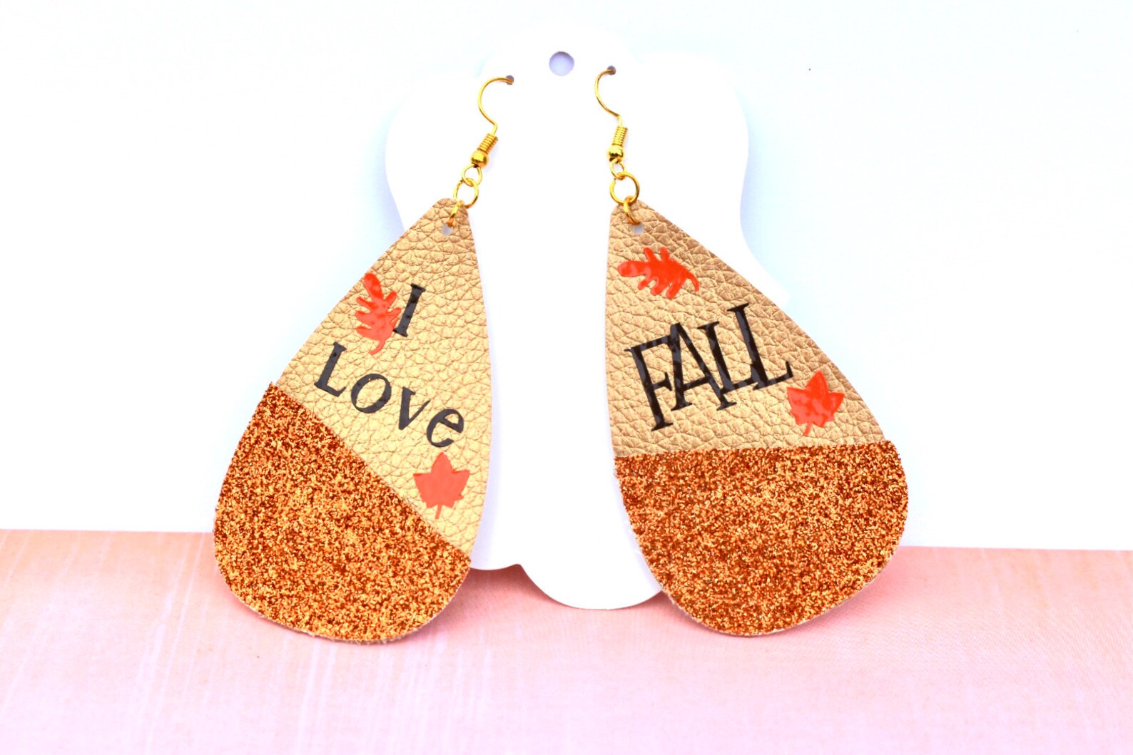 I Love Fall Faux Leather Teardrop Sparkle Earrings, Orange and Gold ...