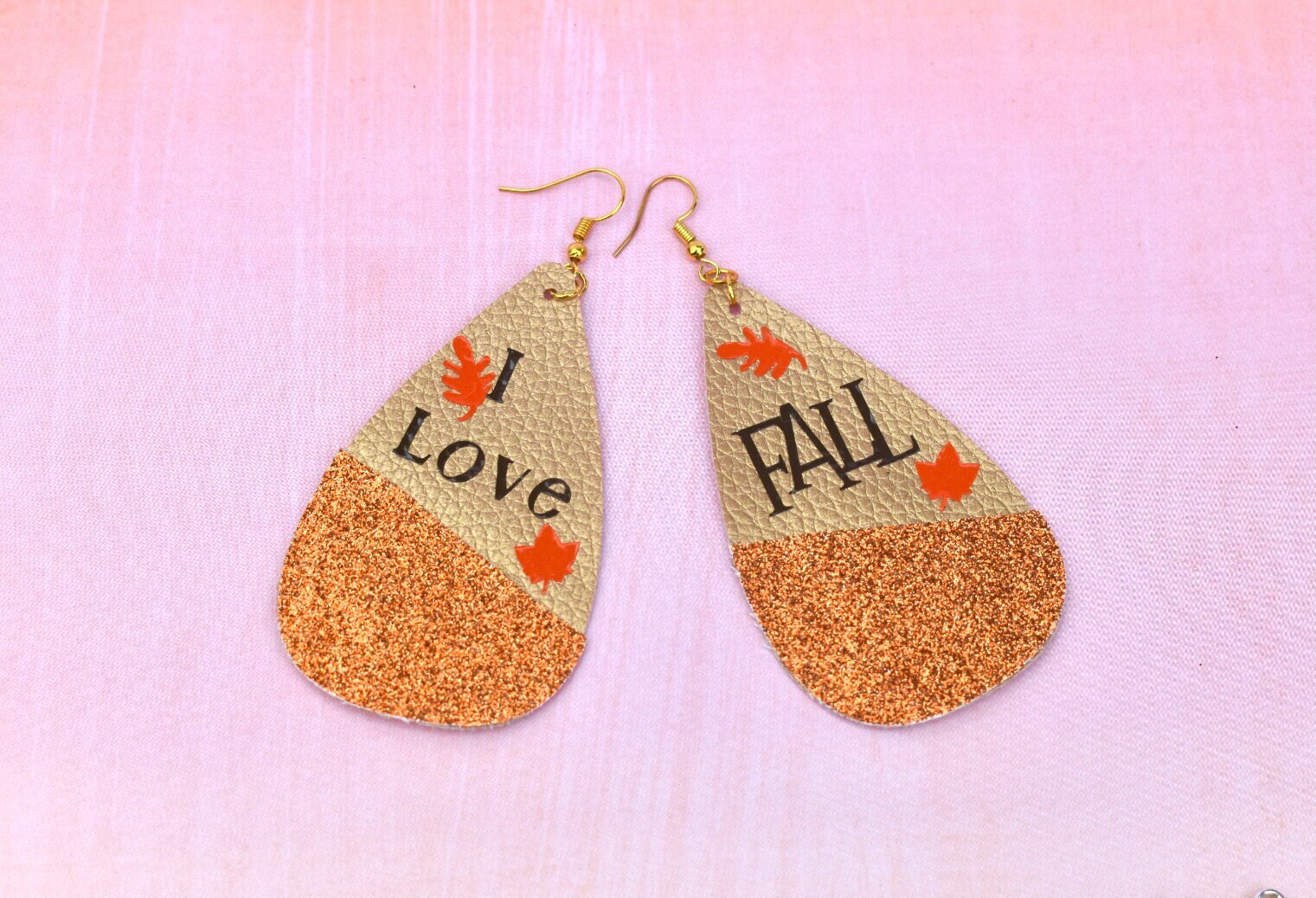 I Love Fall Faux Leather Teardrop Sparkle Earrings, Orange and Gold ...