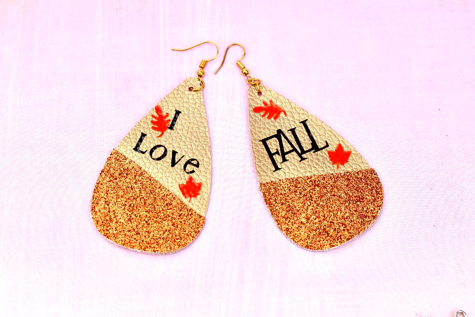 I Love Fall Faux Leather Teardrop Sparkle Earrings, Orange and Gold ...
