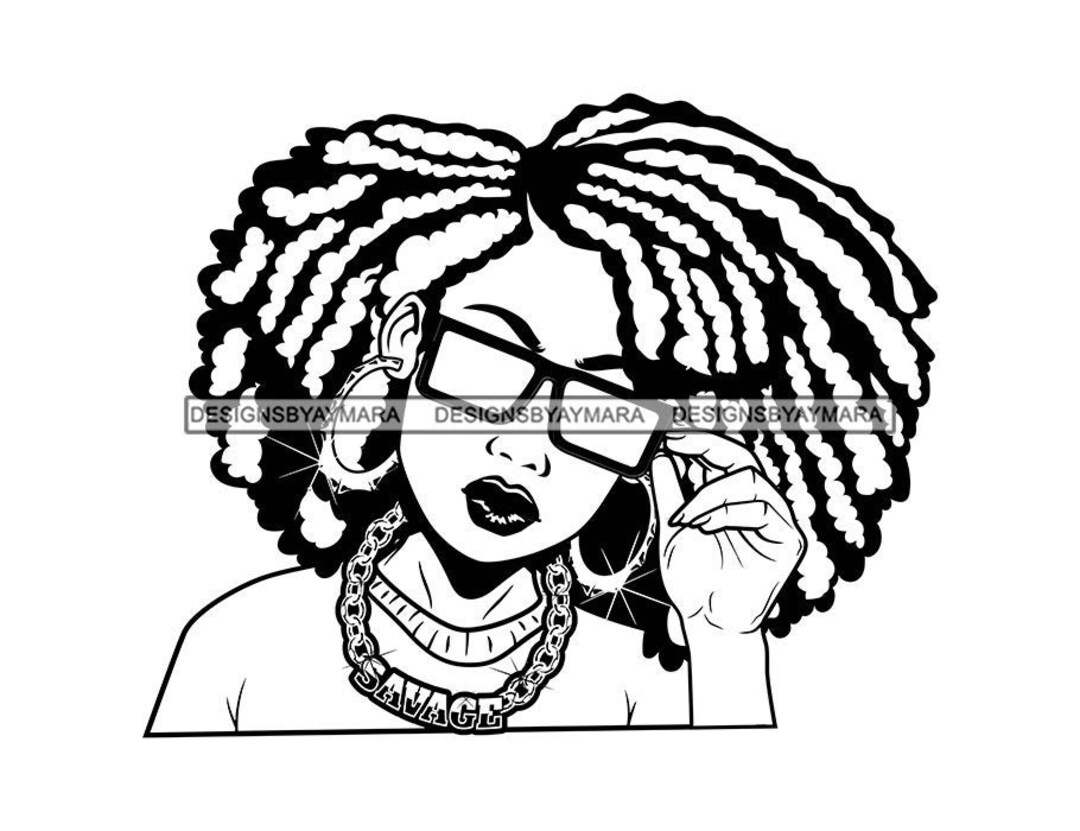 Sassy Savage Diva in Black White Outline Coloring Page Wearing Glasses ...