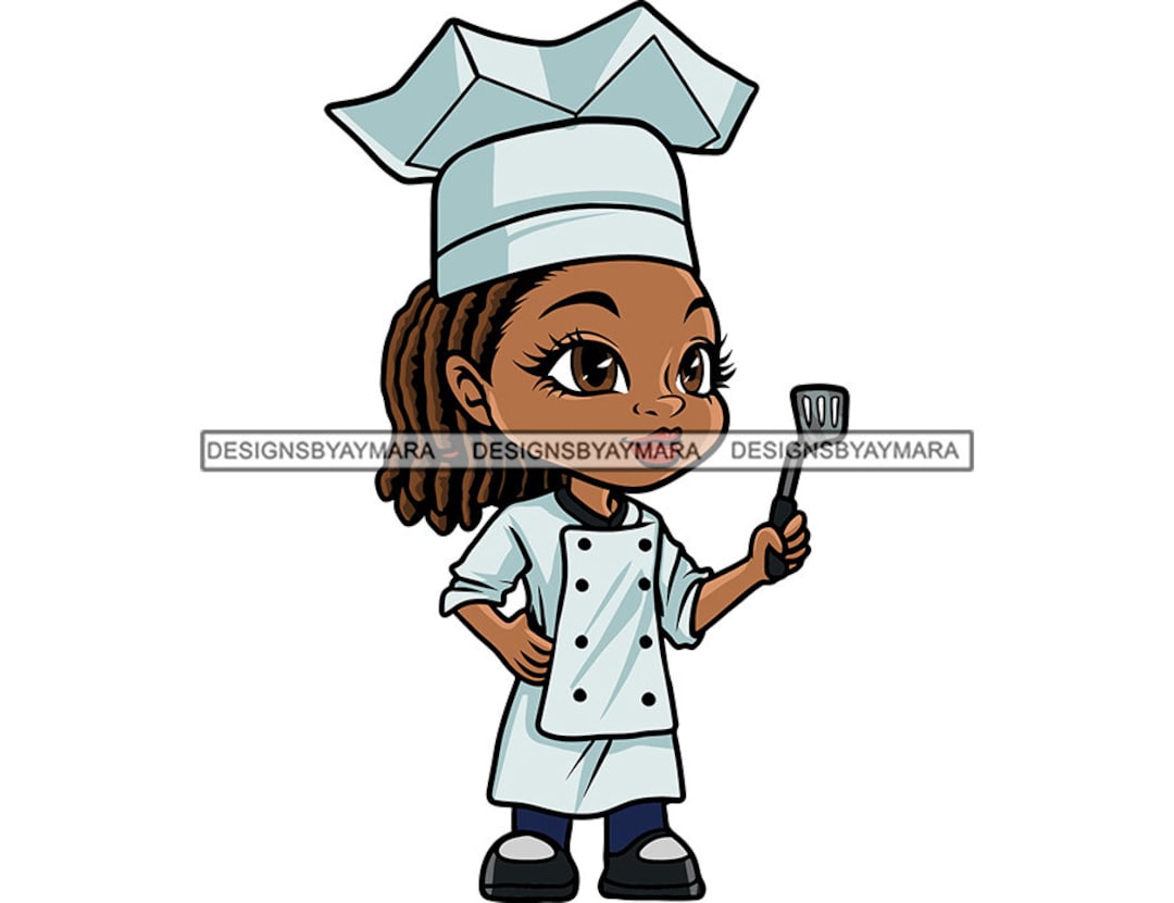 Melanin Woman Chef Cute Cartoon Character Style Locs Hair Uniform ...