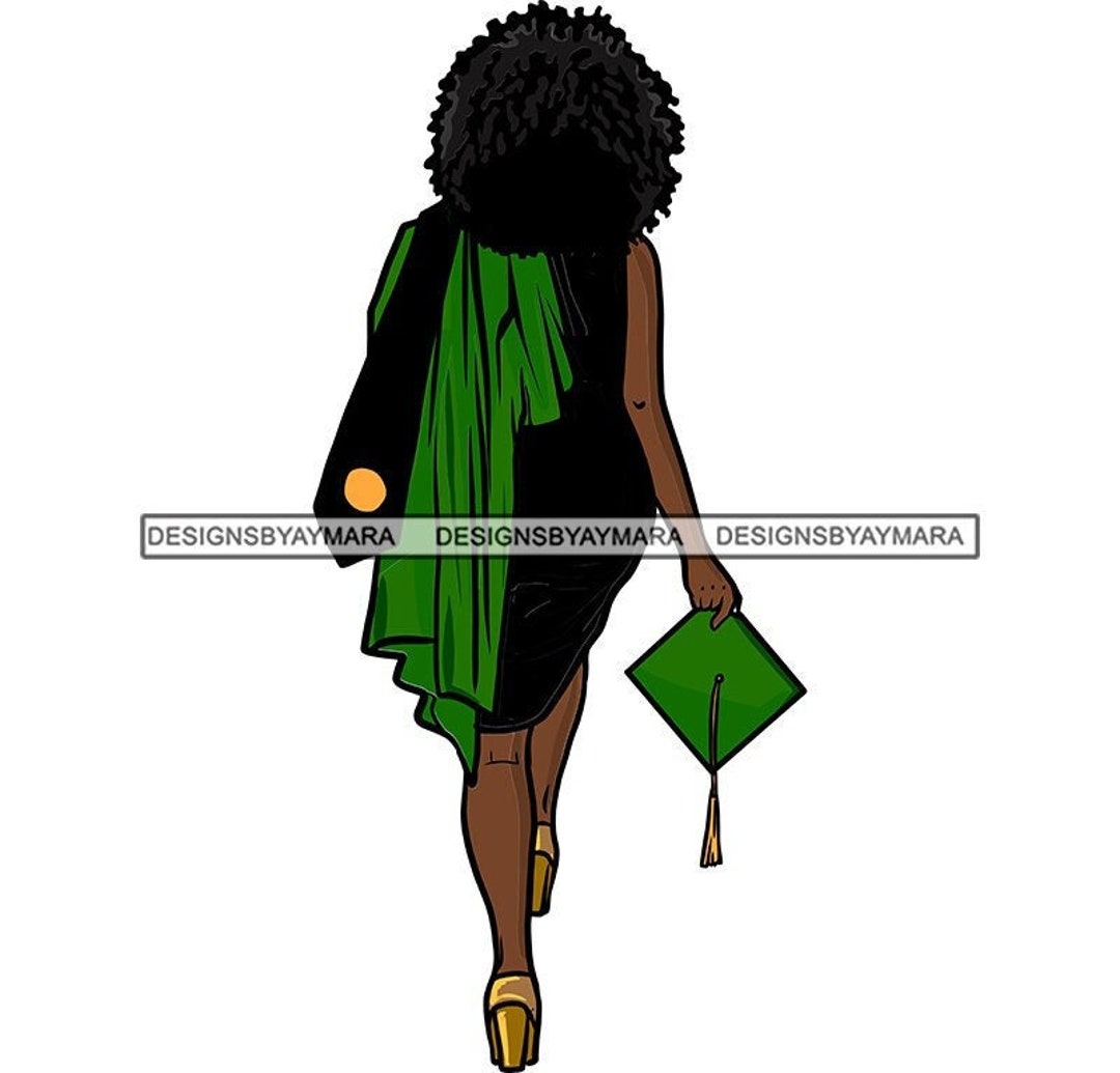Graduation Afro Woman Cap Diploma Green Regalia Robe College Ceremony ...