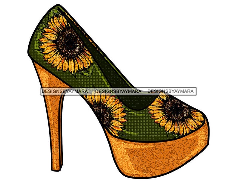 Sunflower Pattern Shoe Heel Green and Sunflowers Yellow Graphic Floral ...