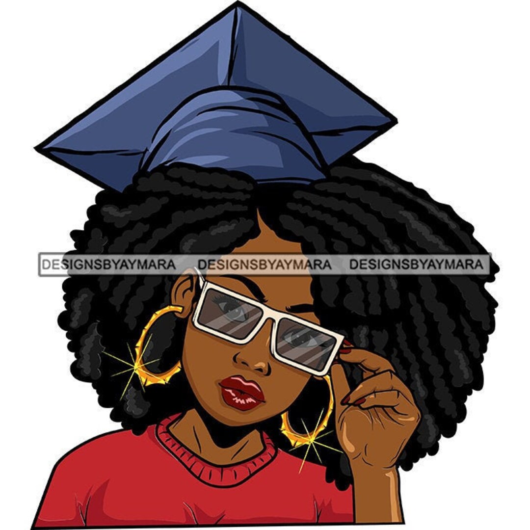 Melanin Woman With Locs Wearing Blue Graduation Cap and Eyeglasses Red ...
