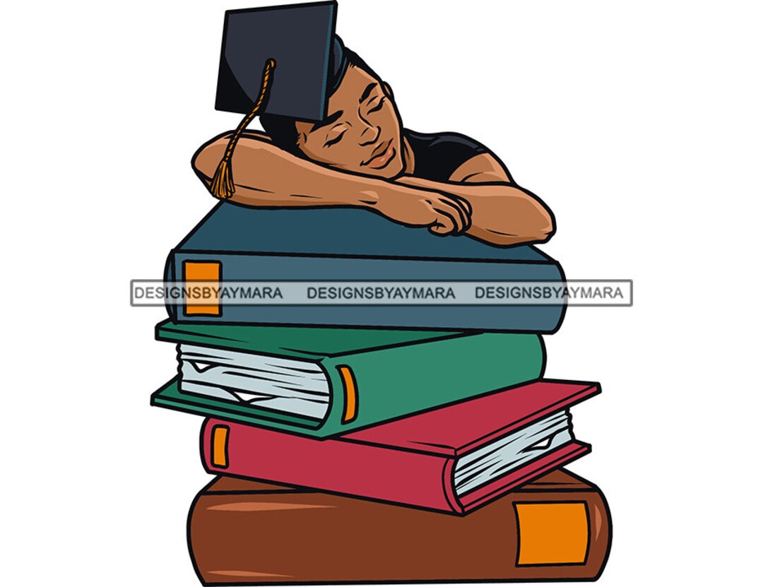 Graduation Man Exhausted Sleeping on Top of Books Graduate Grad Cap ...