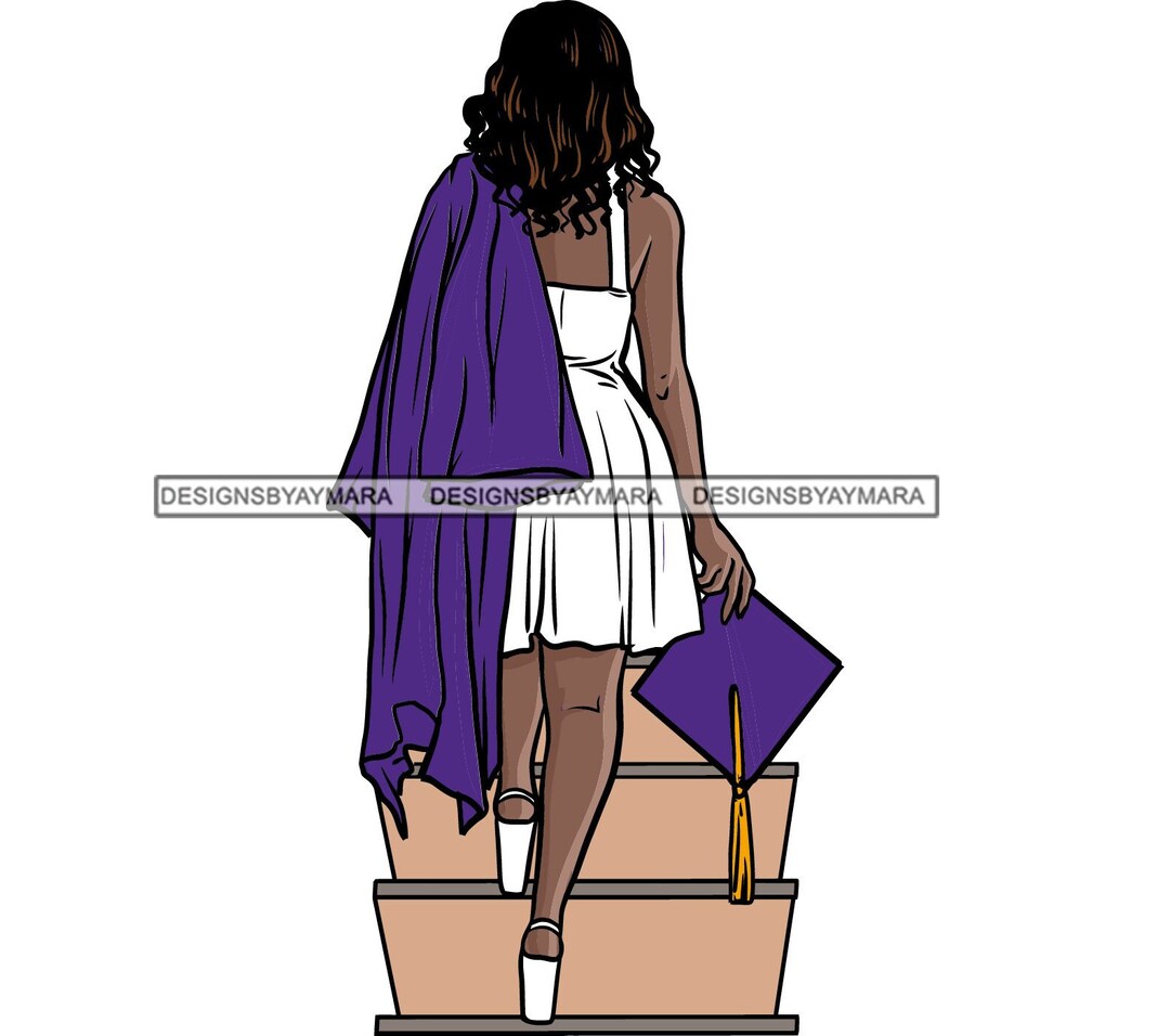 Graduate Walking up Stairs White Dress Carrying Purple Cap and Gown ...