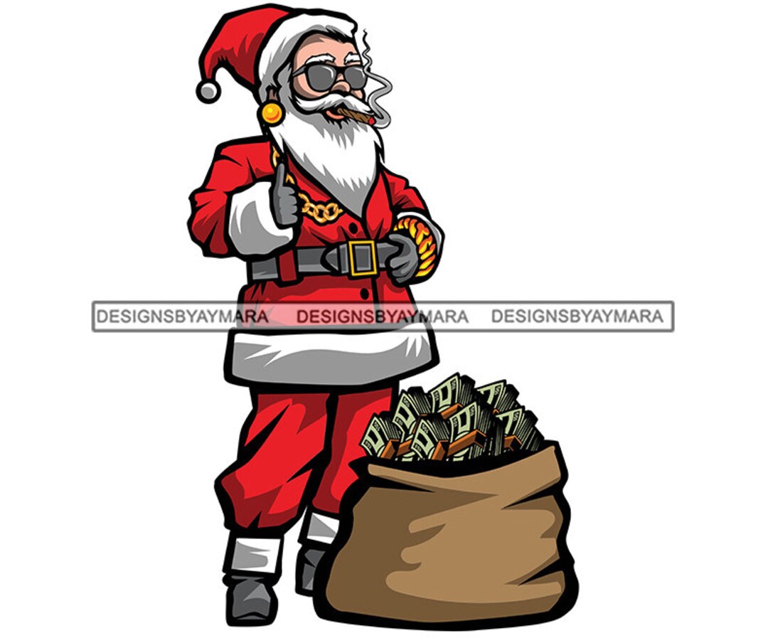 Gangster Santa Smoking Cigar Bag Money Gold Chain Gansta Savage Winter ...