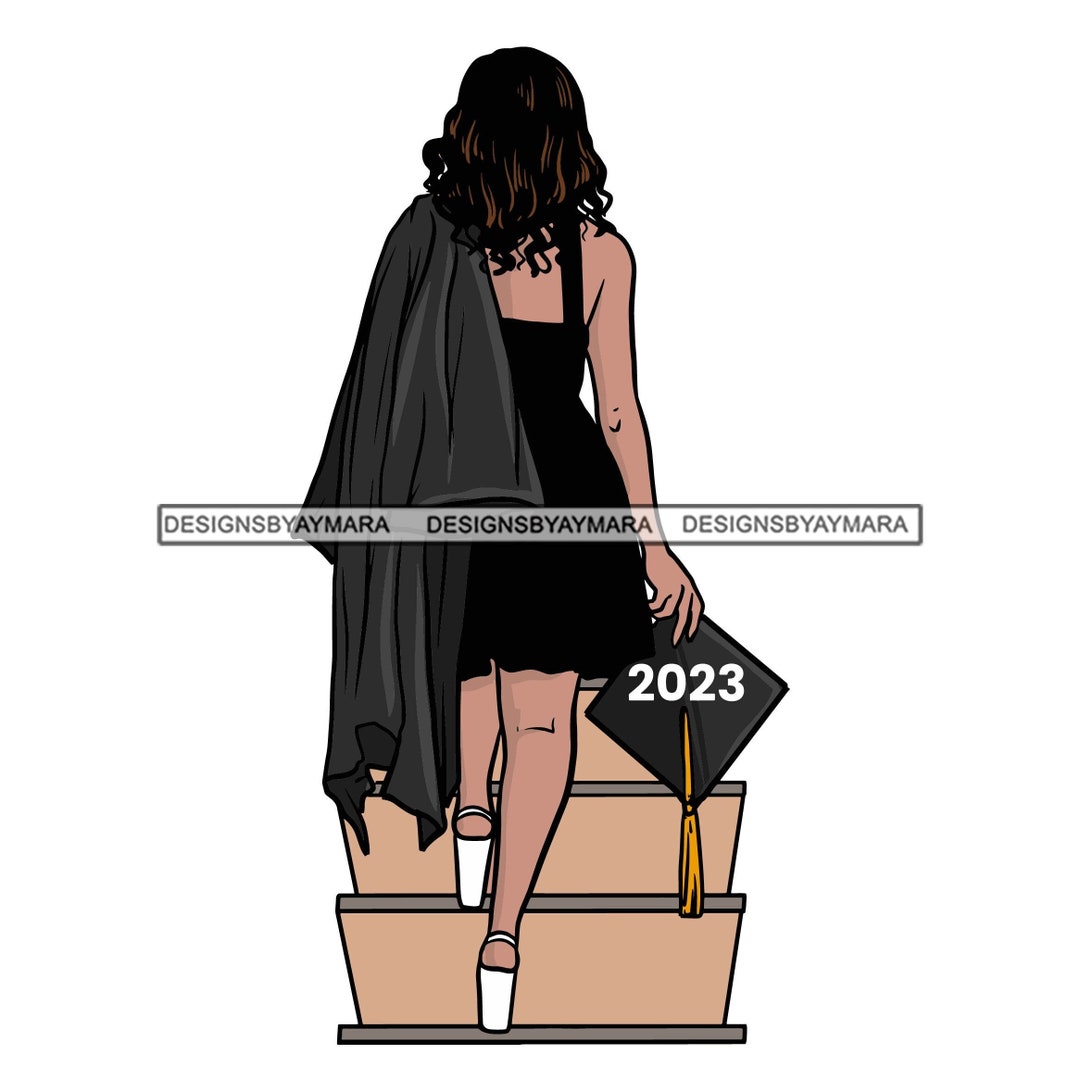 Graduate Woman Walking up Stairs Black Dress 2023 Carrying Cap Gown ...