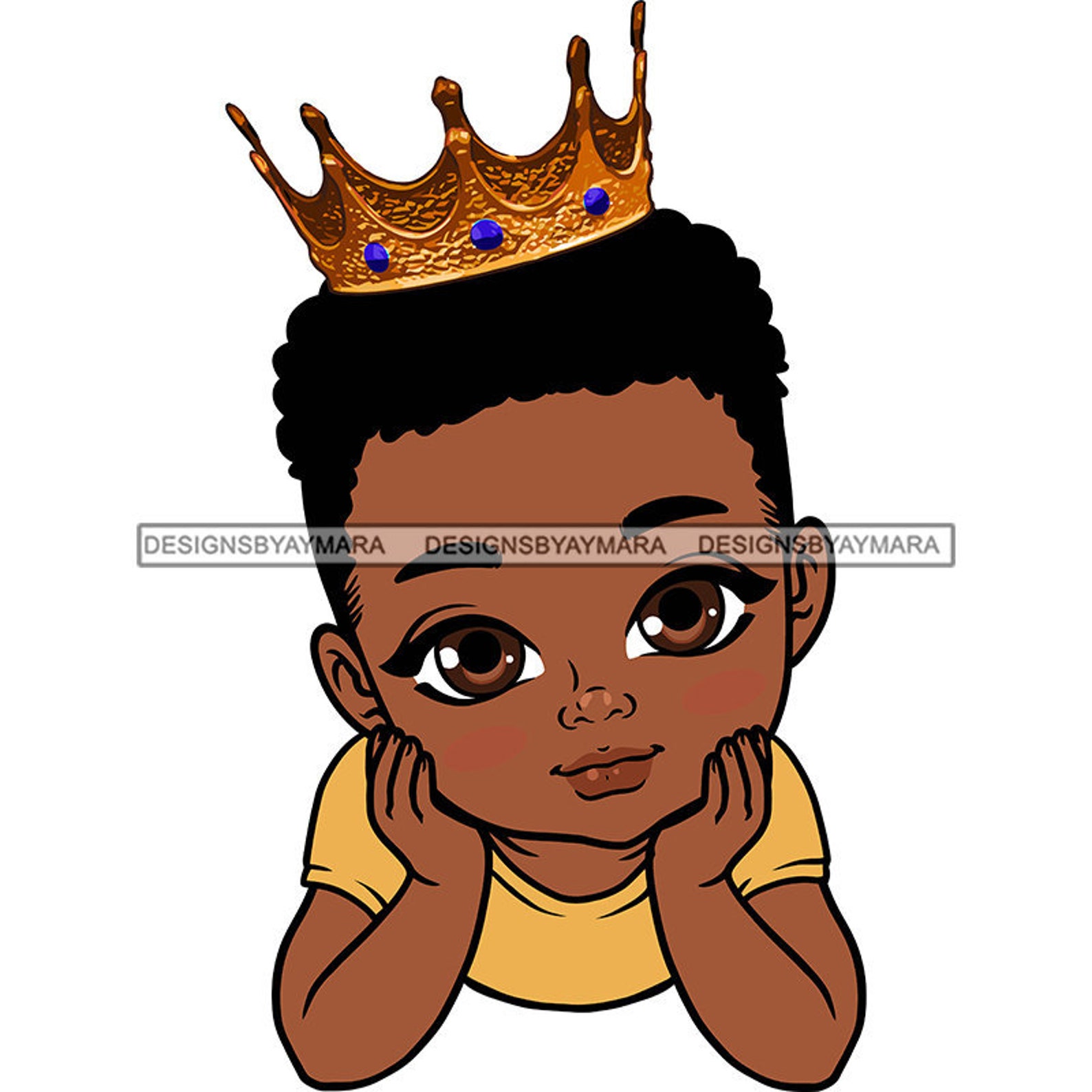Big Eyes Cute Prince Crown Hands on Cheeks Black Child Gold Top Kid ...