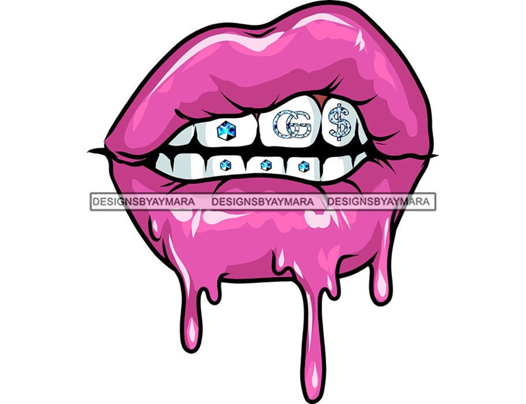 Woman Juicy Dripping Pink Lips Gems Dollar Sign GG Diamonds Gemstone ...