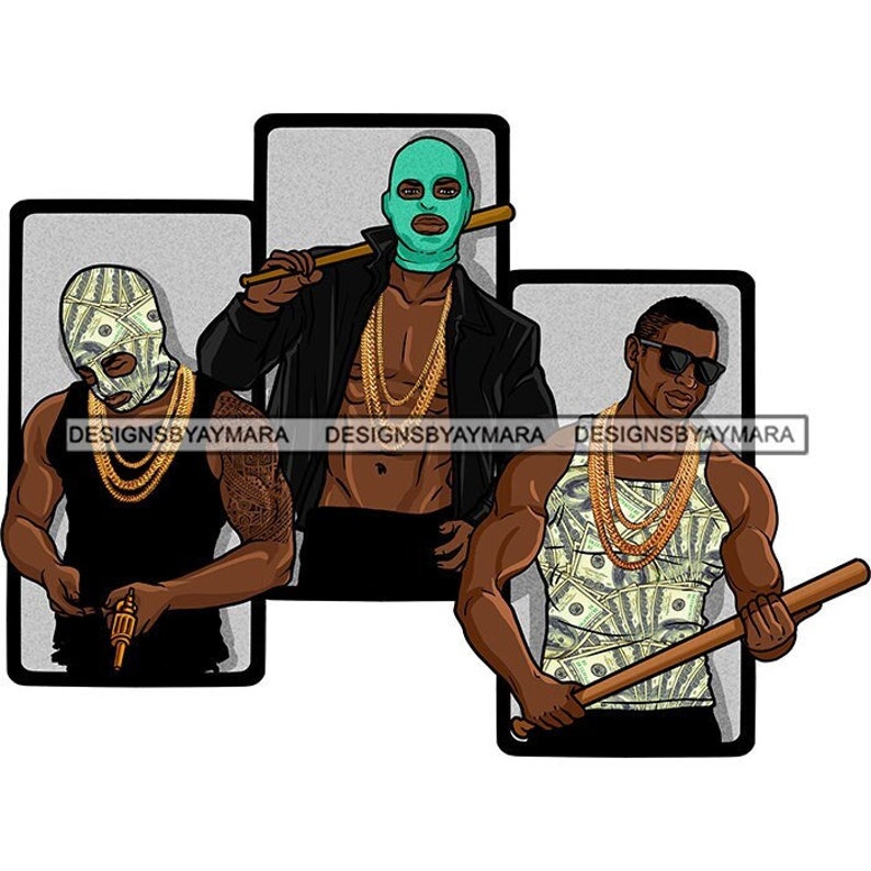 Gangsta Ganster Black Man Ski Mask Hip Hop Cover Gold Chain - Etsy