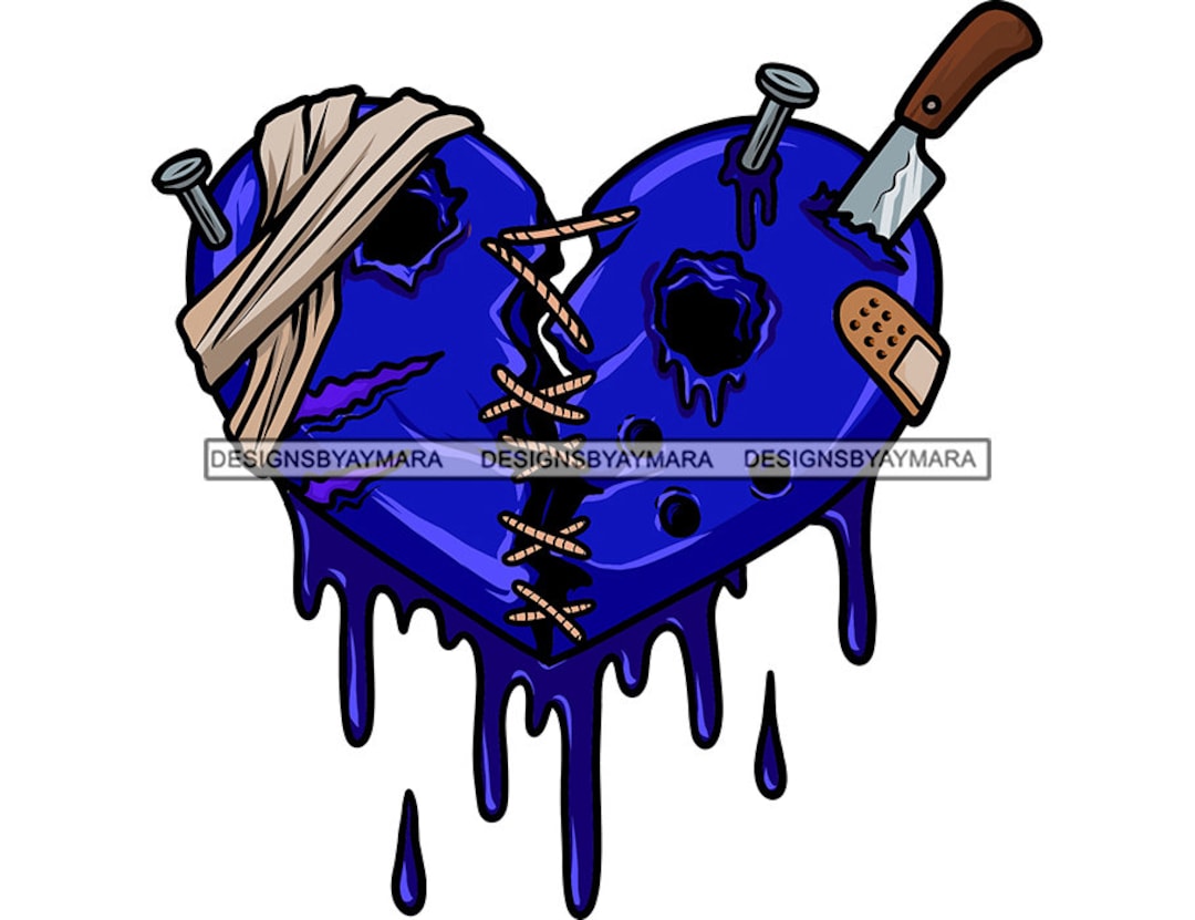 Hurt Blue Broken Heart Knife Stab Bullets Holes Dripping Blood Stitches ...