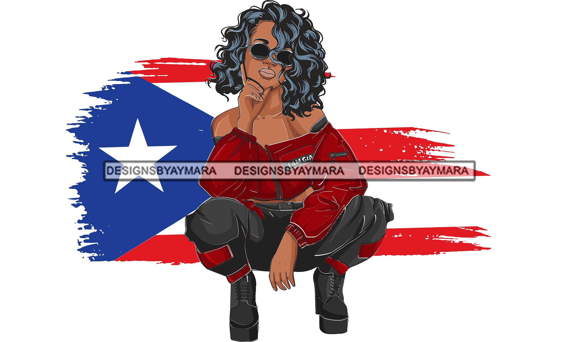 Lady Latina Puerto Rico Flag Diva Boricua Girl Melanin Female Squatting ...