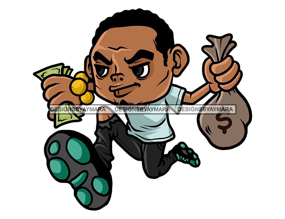 Black Man Cartoon Character Holding Money Bag Cash Running - Etsy Canada