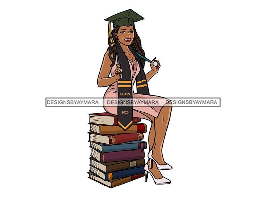 Graduation Melanin Woman Sitting Books Class 2023 Celebration Cap ...
