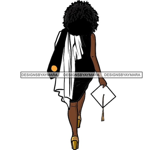 Graduation Woman Afro Hair Graduate White Cap Gown Student - Etsy