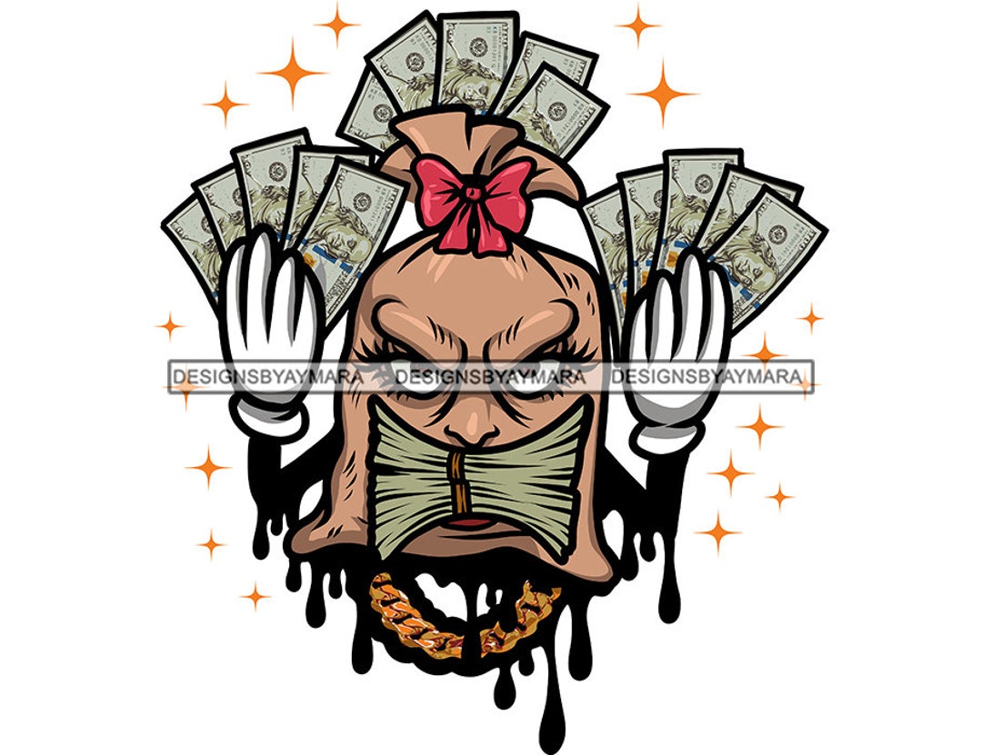 Female Money Bag Cartoon Character Holding Money Cash Biting Money ...