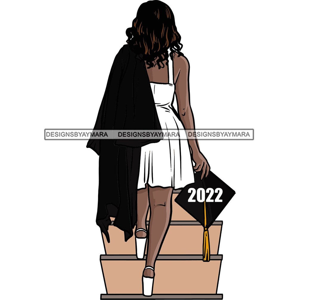 Graduate Walking up Stairs White Dress Carrying Black Cap and Gown ...