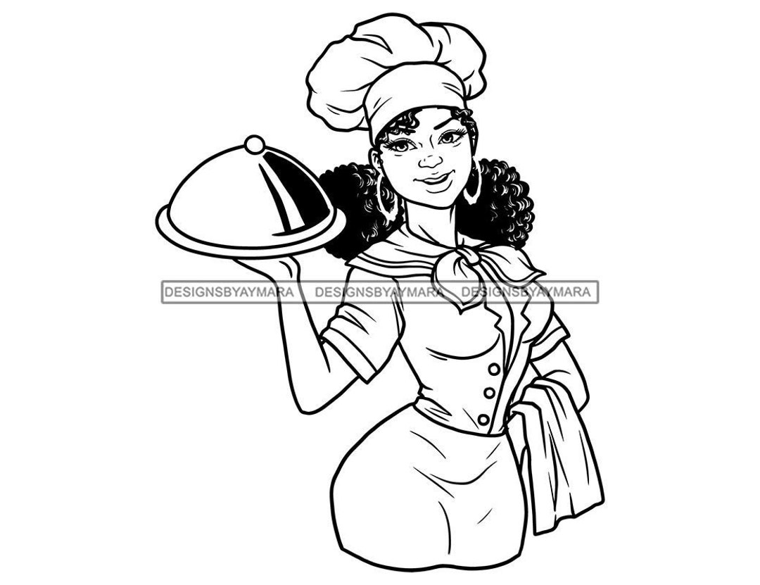 Black Woman Chef Uniform Serving Platter Chef Hat Cook Baker Food Hot ...