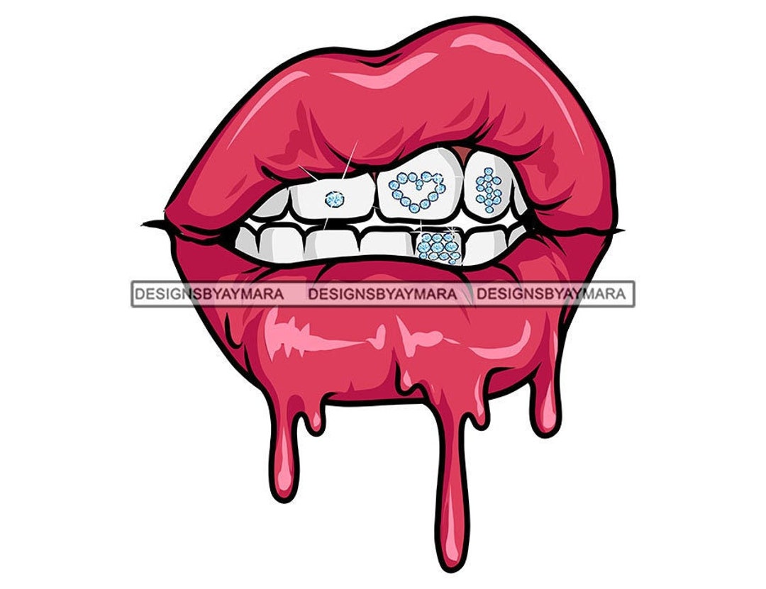 Woman Pink Red Lips Mouth Diamonds Gold Gems Heart Shape Gemstone ...