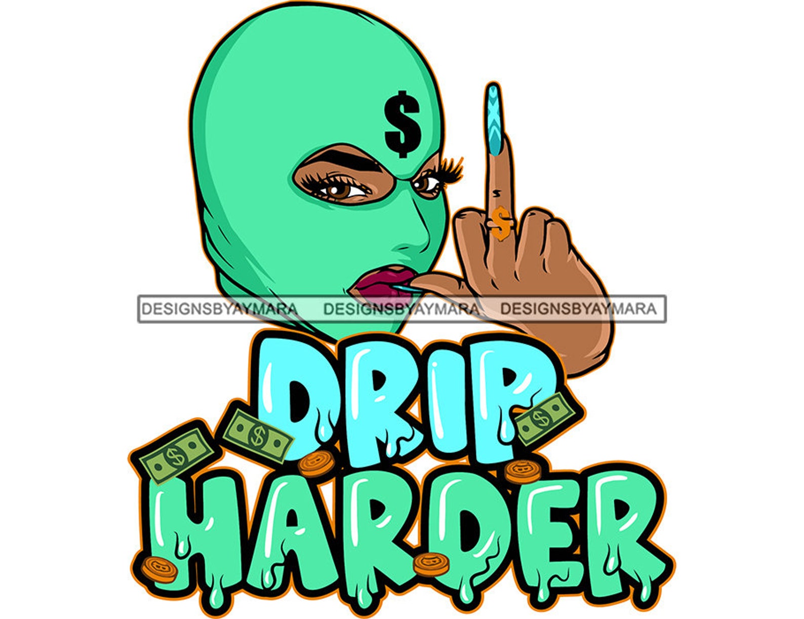 Drip Harder Gangster Woman Ski Mask Middle Finger Long Nails - Etsy