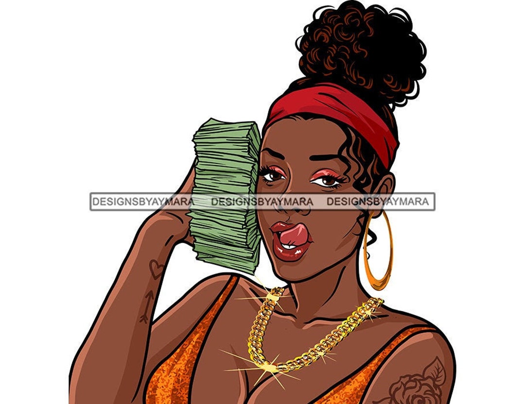 Diva Holding up A Stack of Cash Money Dollar Bills in Orange Tank Top ...