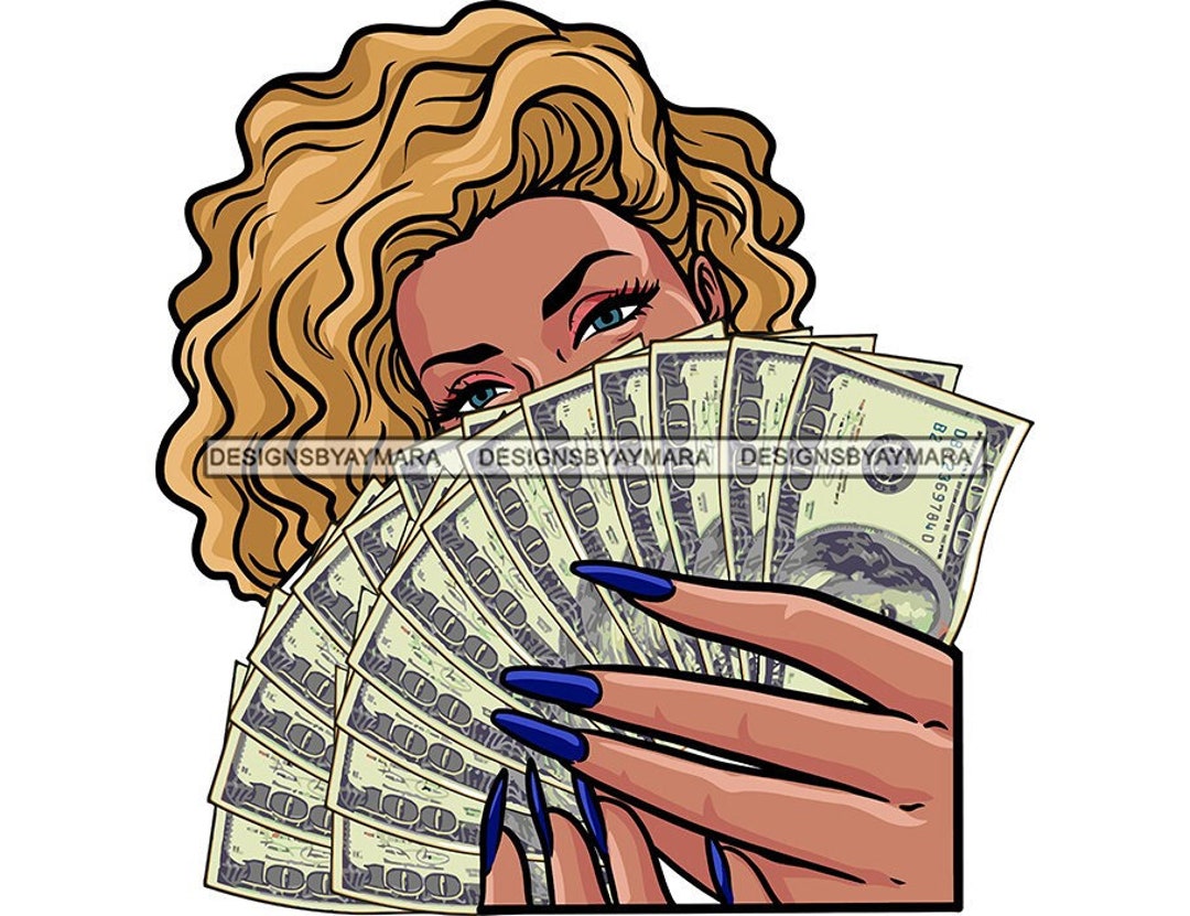 Blonde Diva Fanning Stacks Cash Money Dollar Front of Face Wearing Blue ...