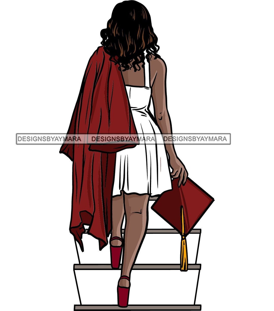 Graduate Walking up Stairs White Dress Carrying Burgundy Cap Gown ...