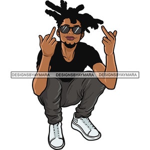 Gangster Black Man Middle Finger Gesture Dreadlocks Hairstyle Glasses ...