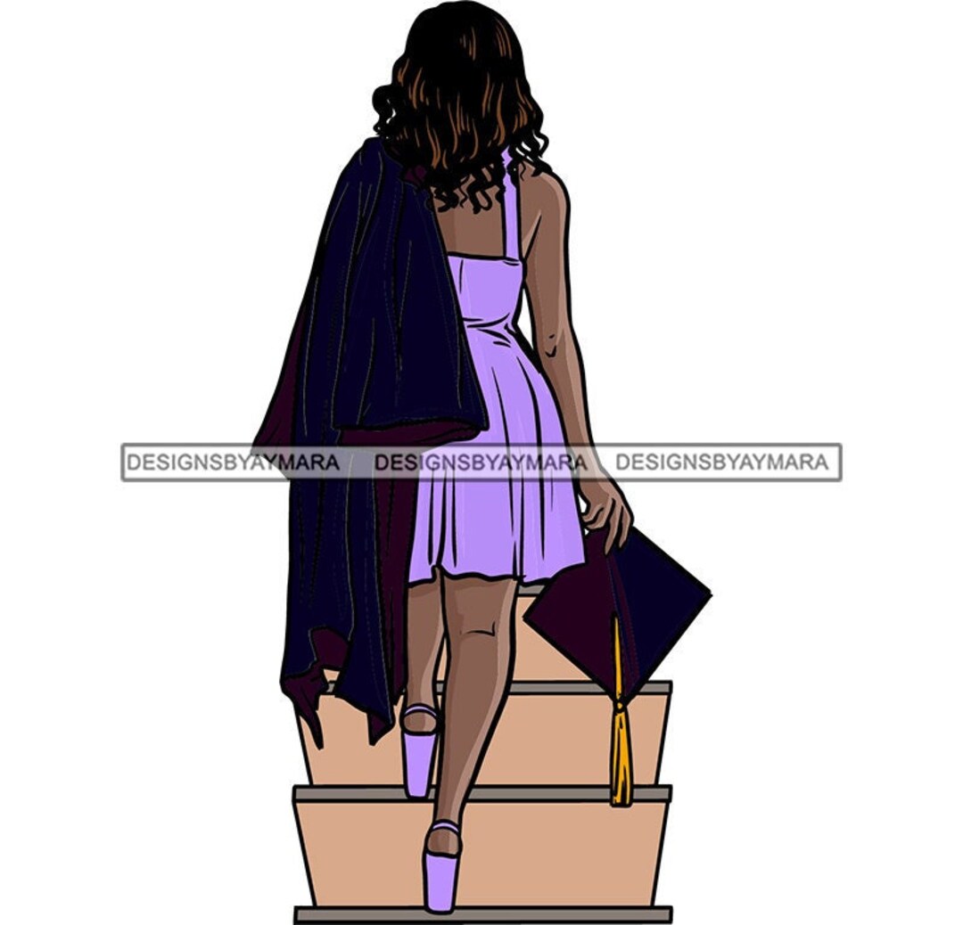 Graduate Walking up Stairs Purple Dress Ceremony Black Cap Gown ...
