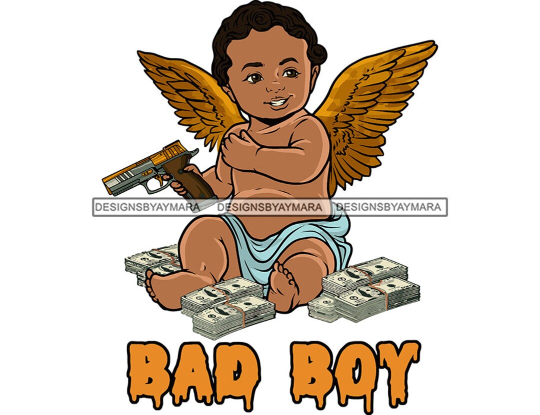 Gangster Angel Melanin Baby Bad Boy Holding Handgun Wings Money Stack ...