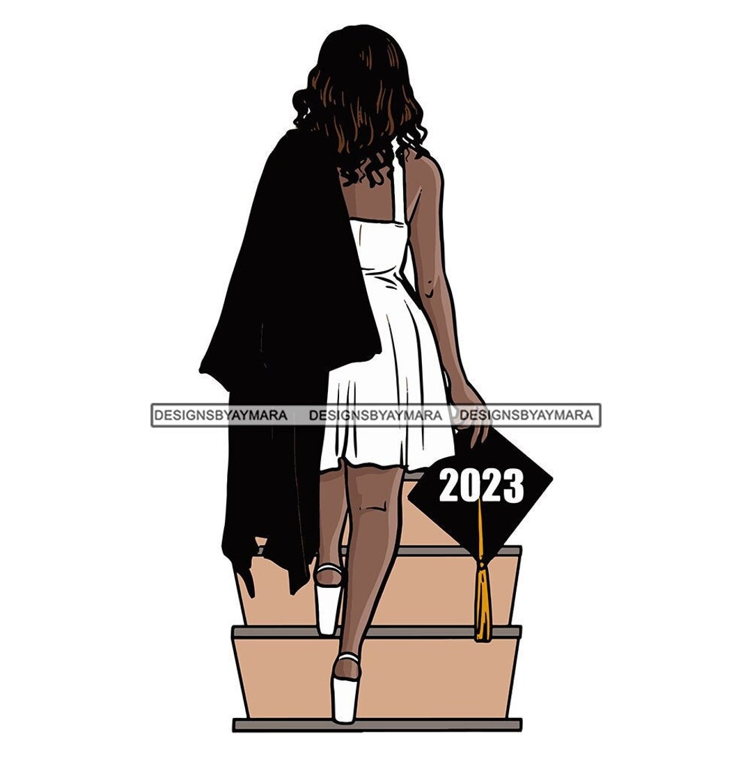 Graduate Melanin Woman 2023 Walking up Stairs White Dress Black Cap and ...