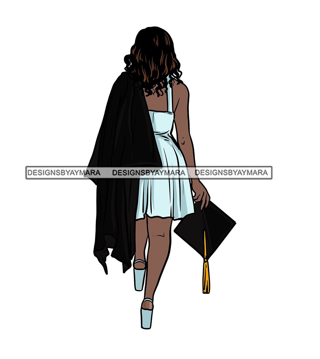 Graduation Woman Grad Black Gown Cap Light Blue Dress Heels Ceremony ...