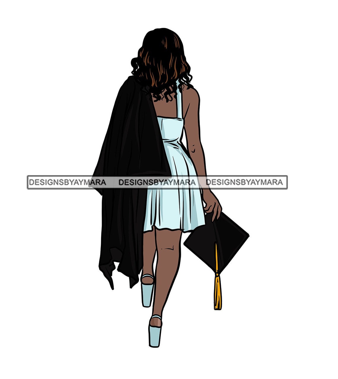 Graduation Woman Grad Black Gown Cap Light Blue Dress Heels Ceremony ...
