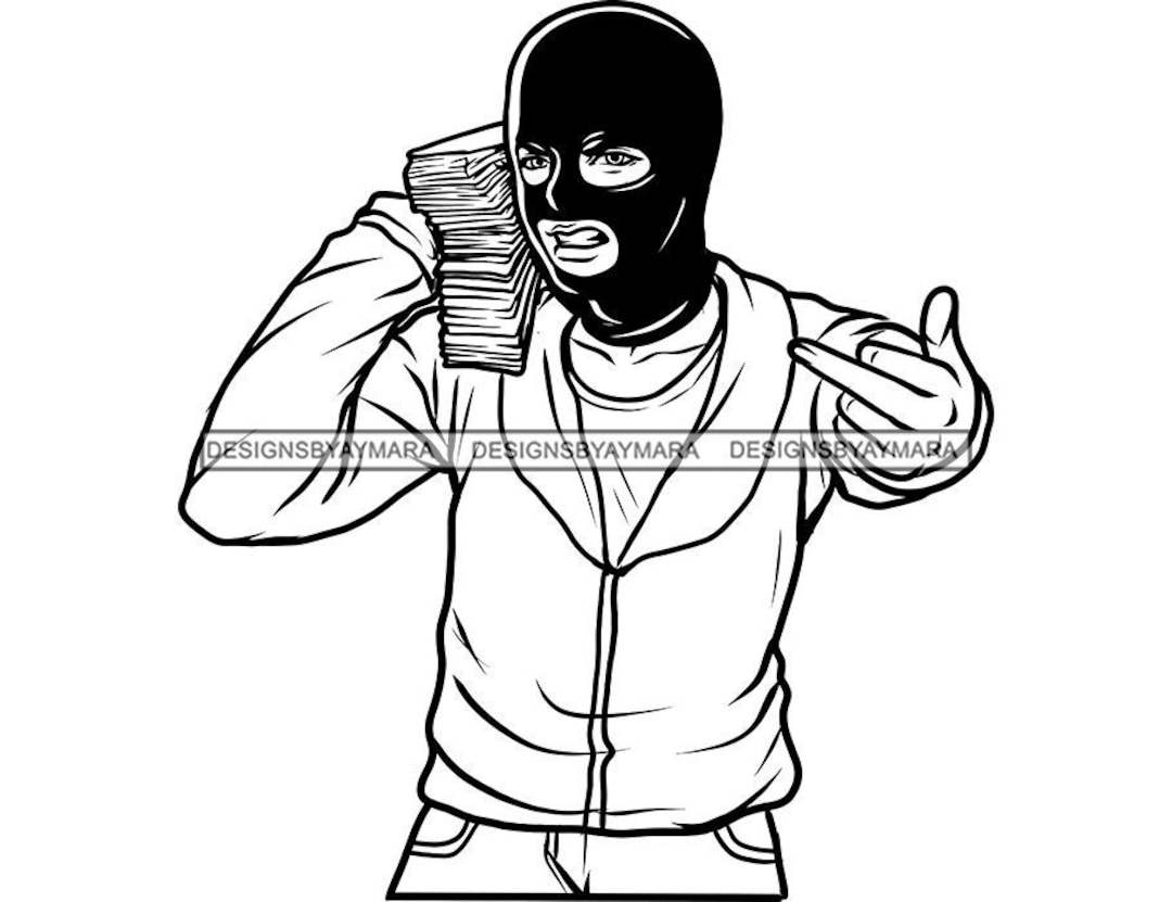 Gangster Thug Man Ski Mask Balaclava Middle Finger Money Stacks Cash ...