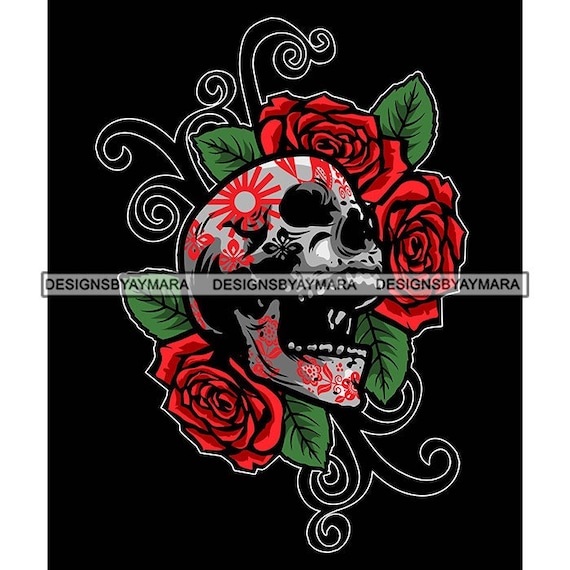 Sugar Skull Head in A Bed of Red Roses Skeleton Mouth Open in - Etsy