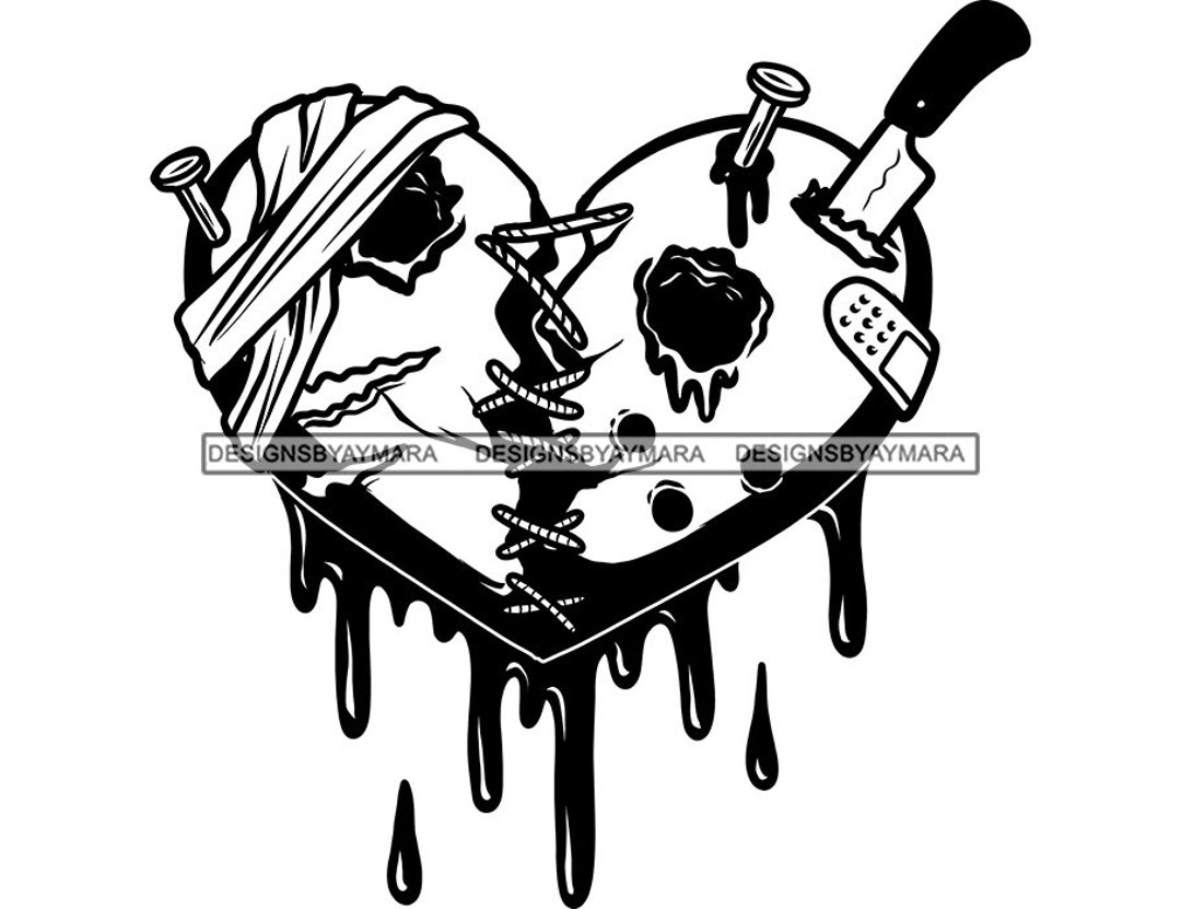 Broken Heart Heartless Knife Stab Bullets Holes Dripping Blood Stitches ...