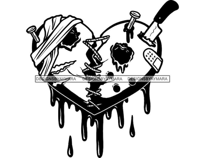 Broken Heart Heartless Knife Stab Bullets Holes Dripping Blood Stitches ...