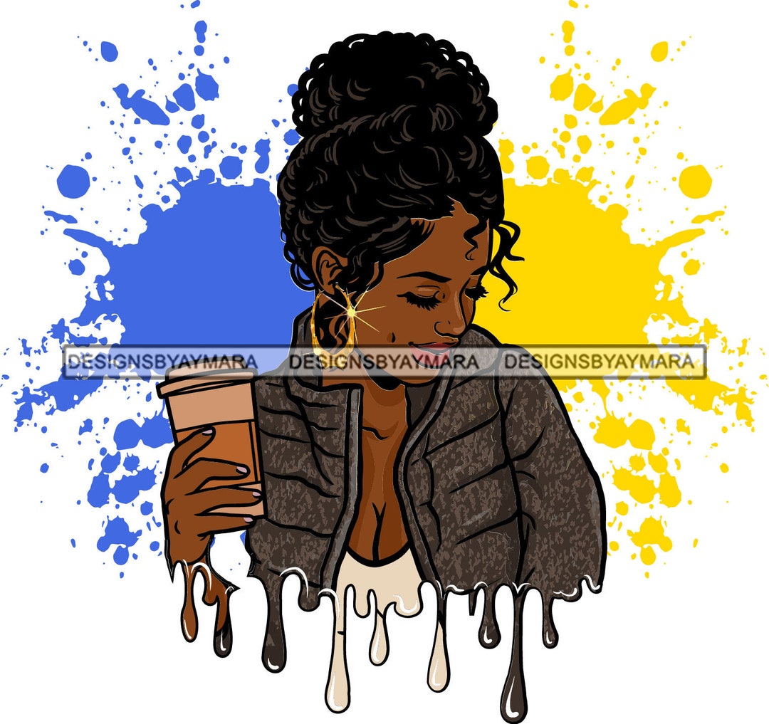Dripping Black Woman Drinking Coffee Logo Splash Element Royal Blue ...