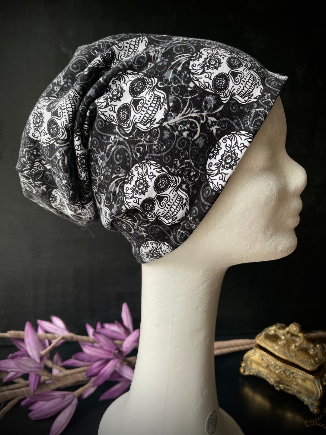 Beanie With Elegant Skulls, Dia De Muertos, Hat, Slouchy, 2 Sizes, Soft ...