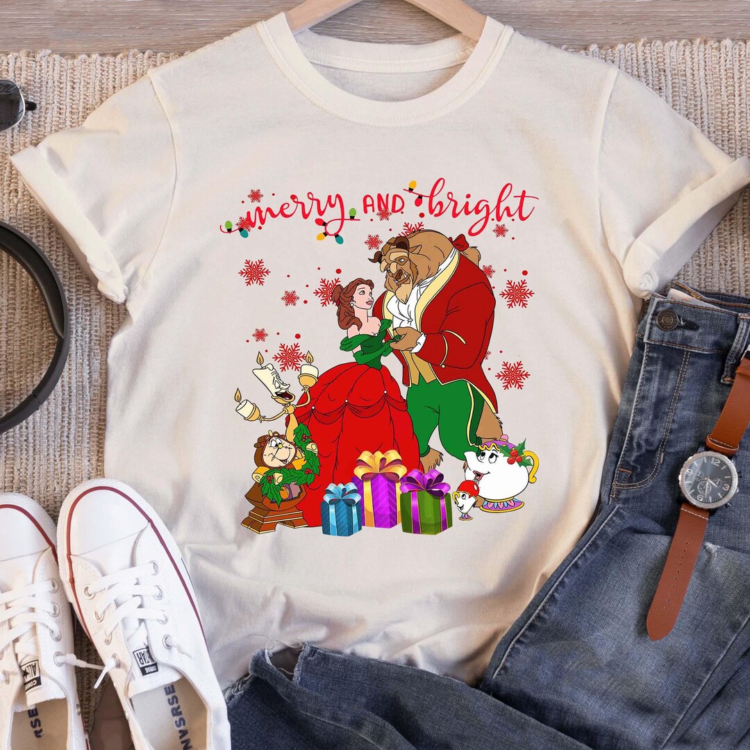 Merry and Bright Beauty and the Beast Characters Christmas T-shirt ...