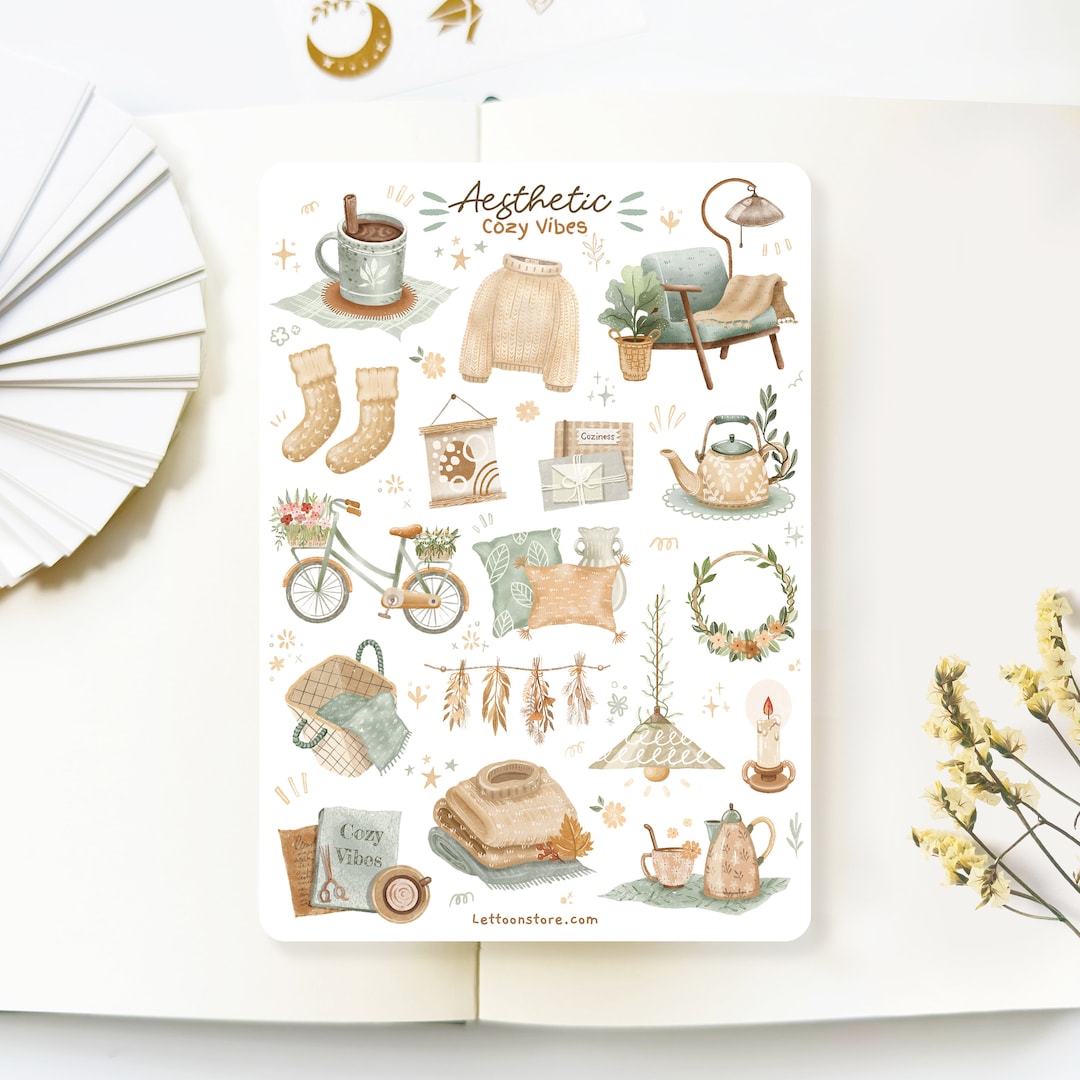 Handmade Sticker Sheet - Aesthetic Cozy Vibes | Journal Stickers ...