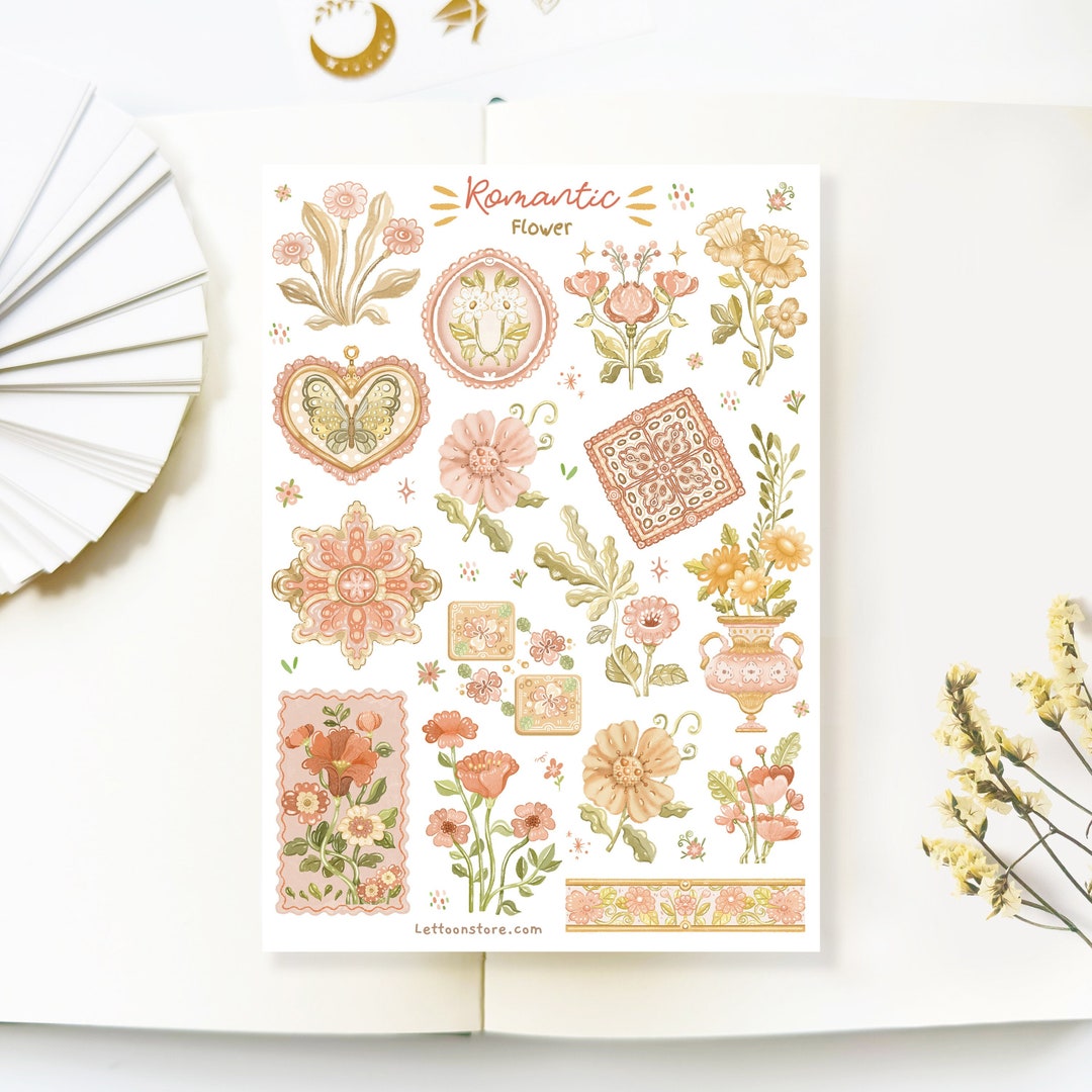 Handmade Sticker Sheet - Romantic Flower | Journal Stickers, Scrapbook ...