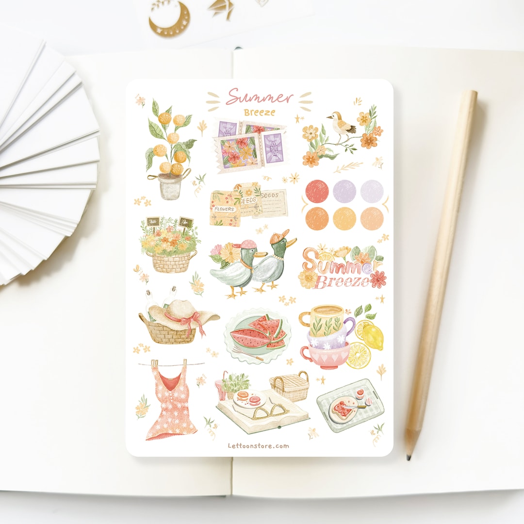 Handmade Sticker Sheet - Summer Breeze | Transparent Journal Stickers ...
