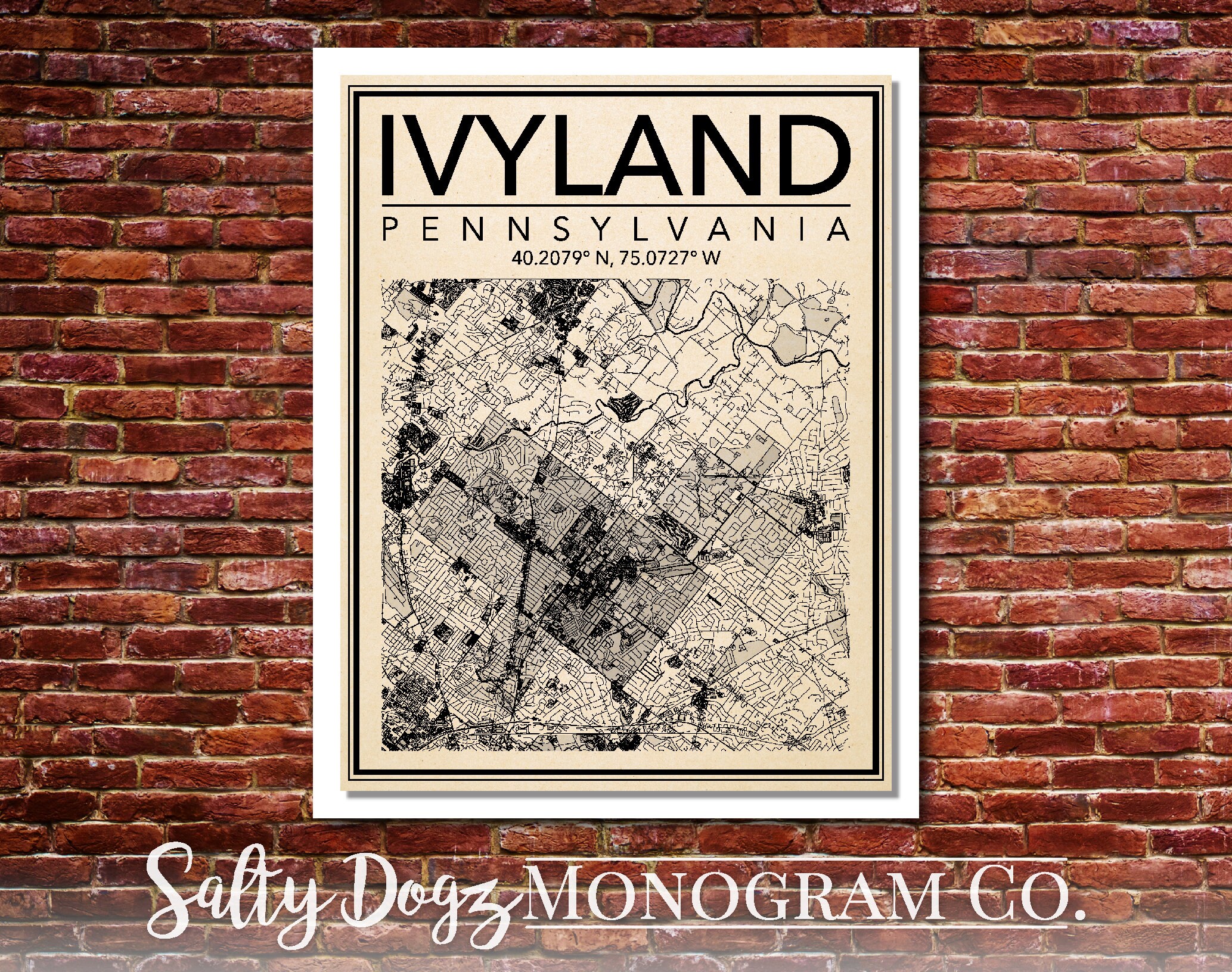Wall Art Map Print of Ivyland Pennsylvania | Etsy