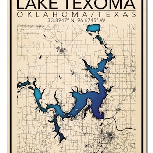 Wall Art Map Print of Lake Texoma, Texas, Oklahoma! - Etsy