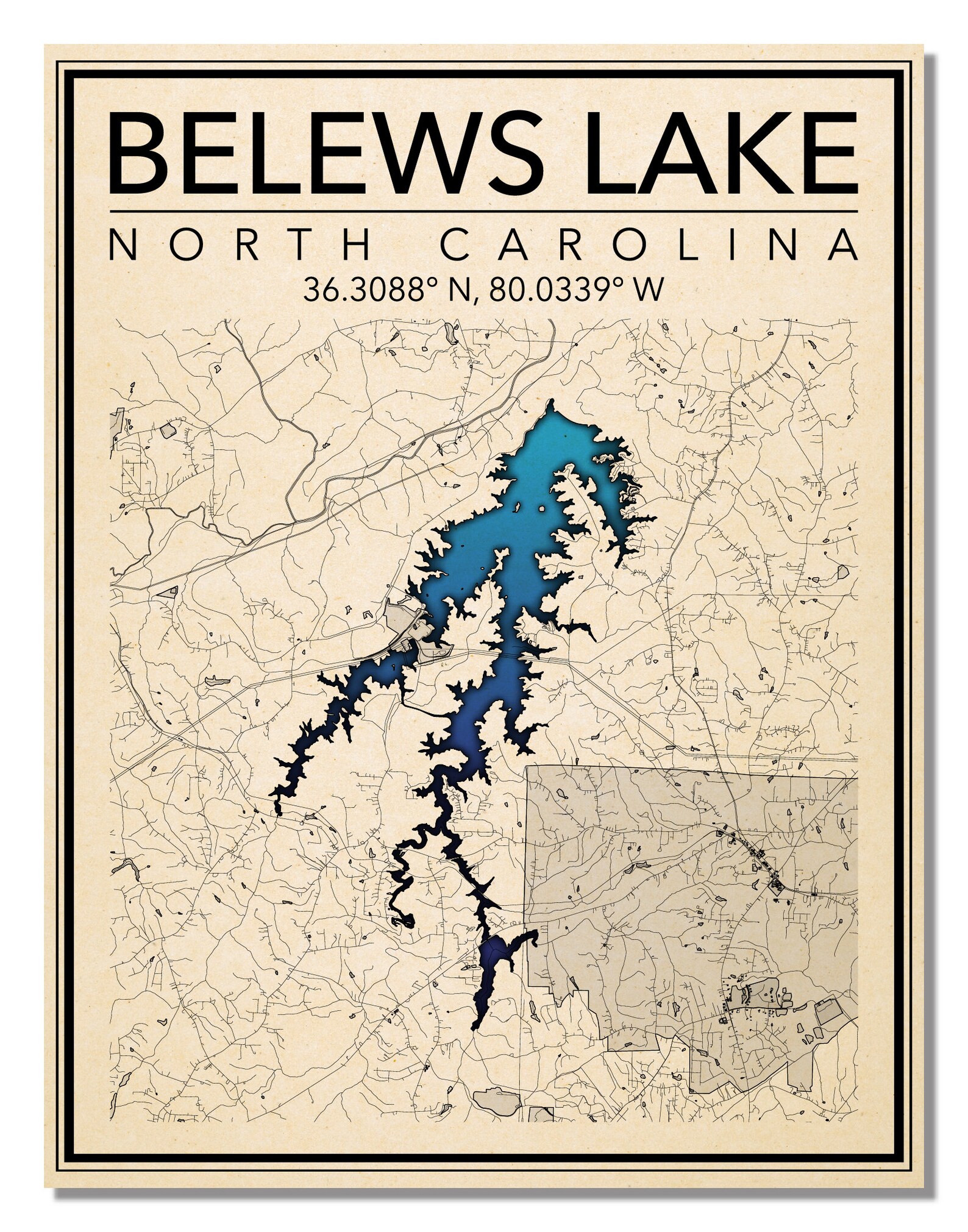Wall Art Map Print of Belews Lake in North Carolina - Etsy UK
